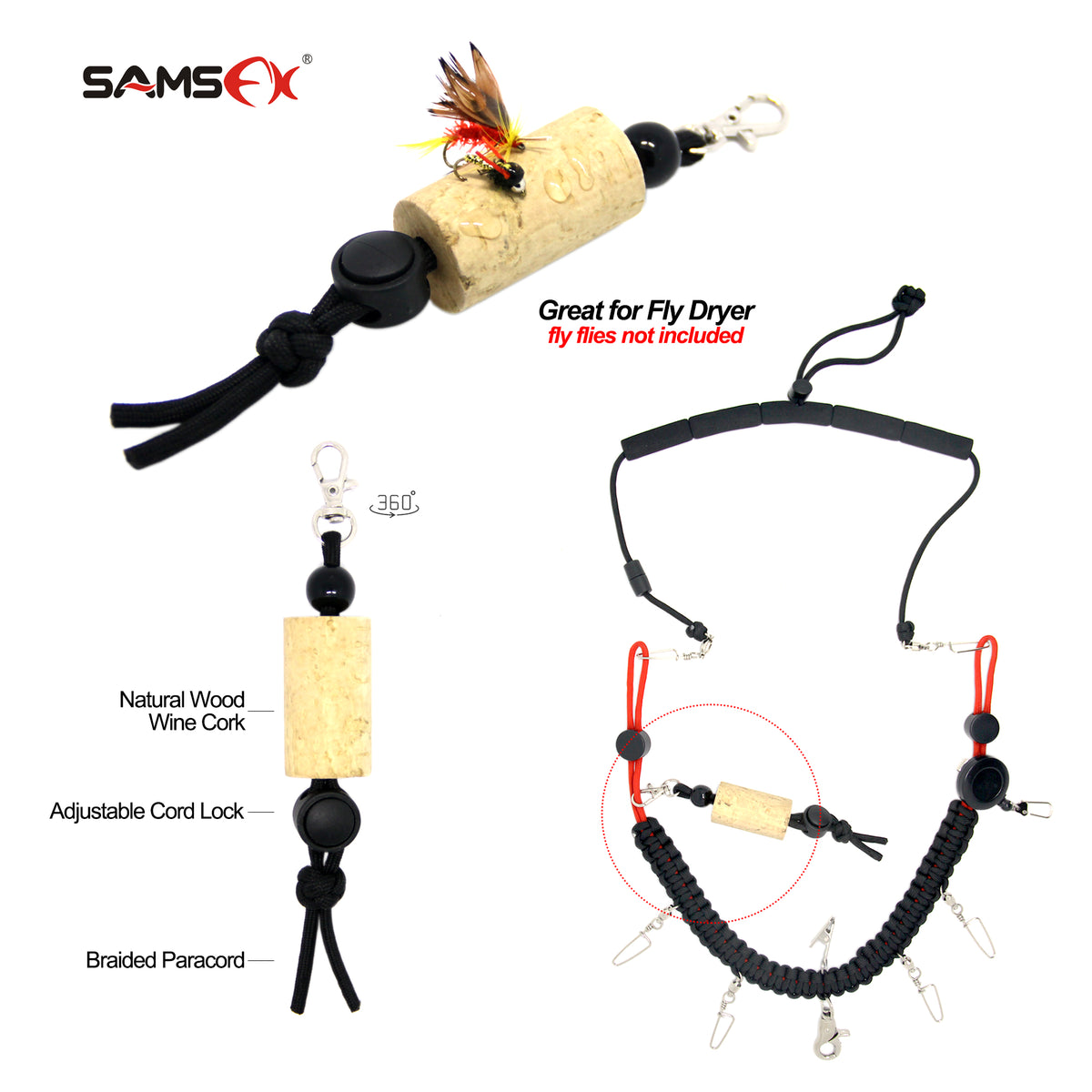SAMSFX Fly Fishing Lanyard w/ Fly Dryer and Zinger Retractors ...